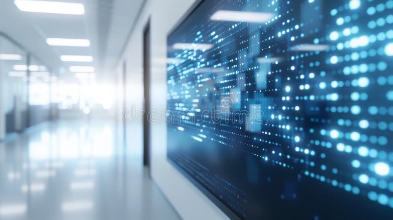 Modern Futuristic Office Corridor with Large Digital Display Showing ...