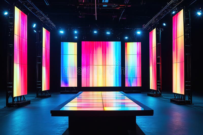 Modern Stage with Illuminated Colorful Panels and Platform, Geometric ...