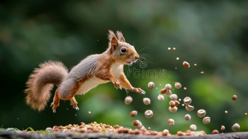 Energetic Squirrel in Mid-leap Surrounded by Flying Nuts on a Sunny Day ...