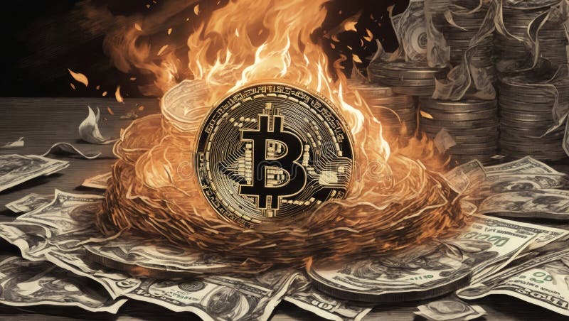 Bitcoin Currency with Fire Superimposed on Banknotes Stock Illustration ...