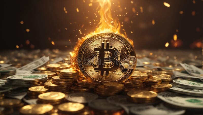 Bitcoin Currency with Fire Superimposed on Banknotes Stock Illustration ...