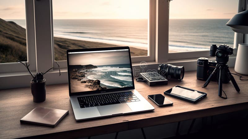 Capturing Moments, Photographer S Workstation with MacBook Open and ...