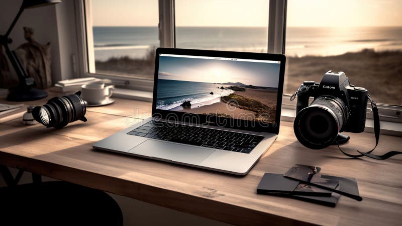 Capturing Moments, Photographer S Workstation with MacBook Open and ...