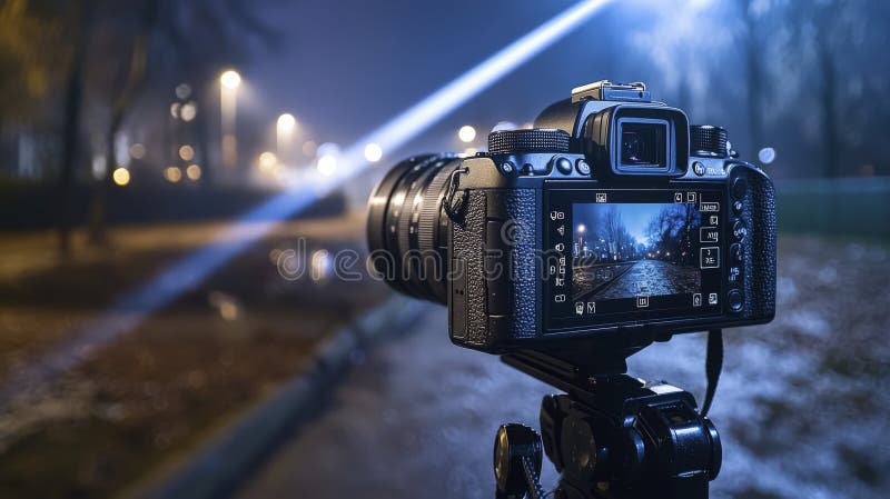 Capturing the Night Handheld Camera Emitting Light Beams Urban Park ...