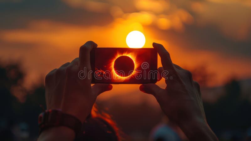 Capturing the Solar Eclipse: Close-Up of Hands Holding Mobile Phone ...