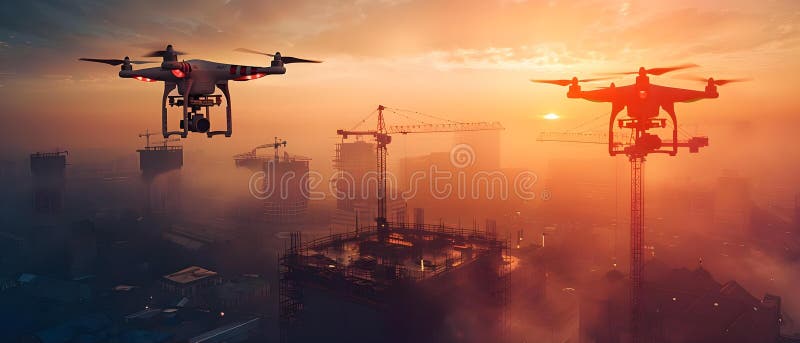 Capturing the Synergy between Drones and Cranes in Action at Construction Site. Concept Stock ...