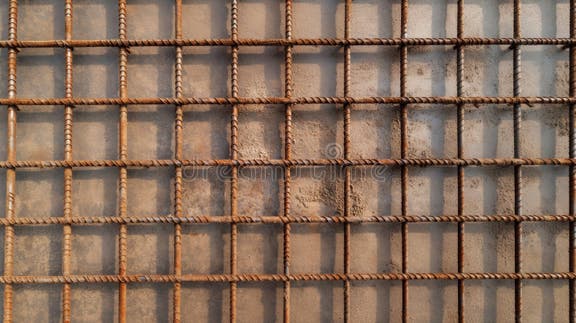 Rusty Rebar Grid Viewed from Above, Revealing Intricate Structural ...