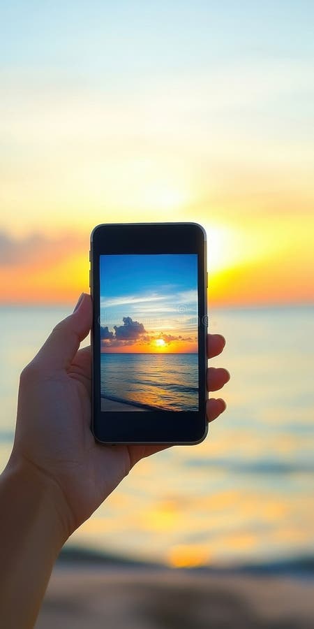Capturing a Vibrant Sunset on a Modern Smartphone at the Beach Stock ...
