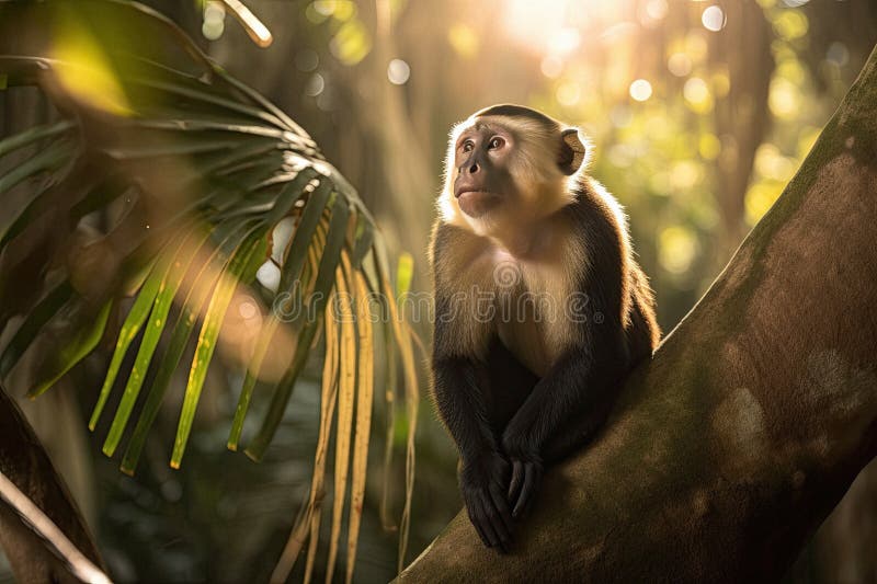 Capuchin Monkey in a Beautiful Sunlit Forest with Golden Light Rays ...