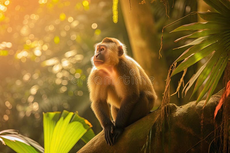 Capuchin Monkey in a Beautiful Sunlit Forest with Golden Light Rays ...
