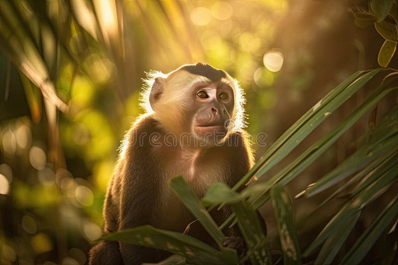 Capuchin Monkey in a Beautiful Sunlit Forest with Golden Light Rays ...