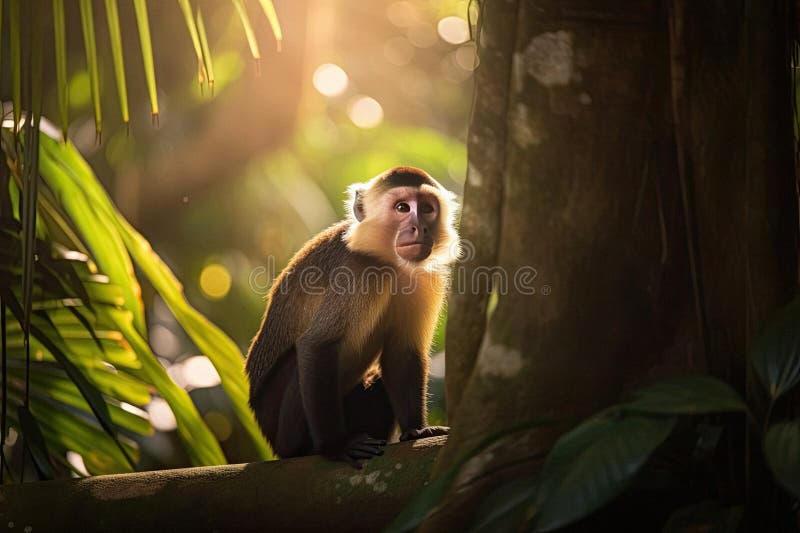 Capuchin Monkey in a Beautiful Sunlit Forest with Golden Light Rays ...