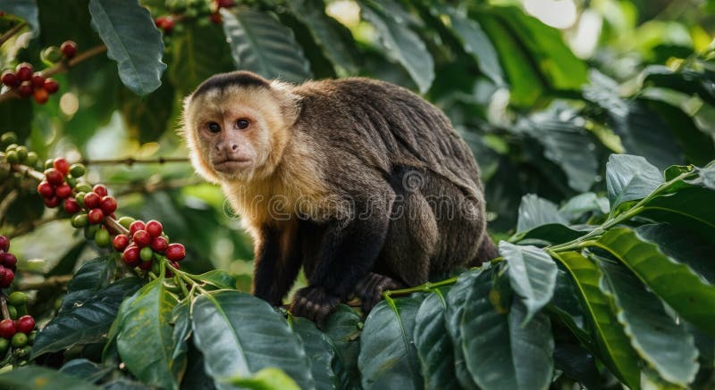 Capuchin Monkey among Coffee Beans in Lush Greenery of Tropical Forest ...