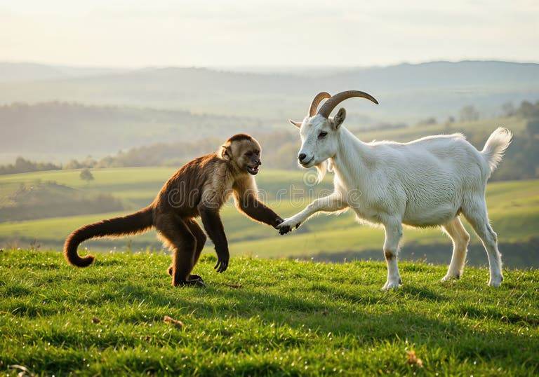Capuchin Monkey and Goat Playing on a Sunny Pasture Stock Illustration ...