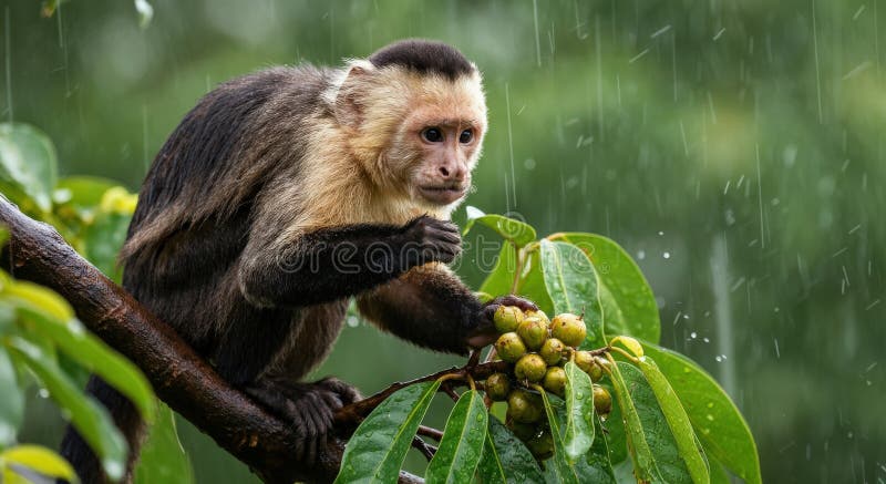 Capuchin Monkey in Rainforest Eating Tropical Fruit on a Rainy Day ...