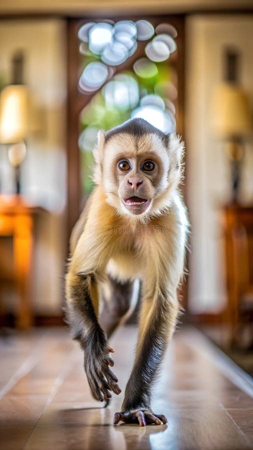 Capuchin Monkey runs house stock illustration. Illustration of primate ...