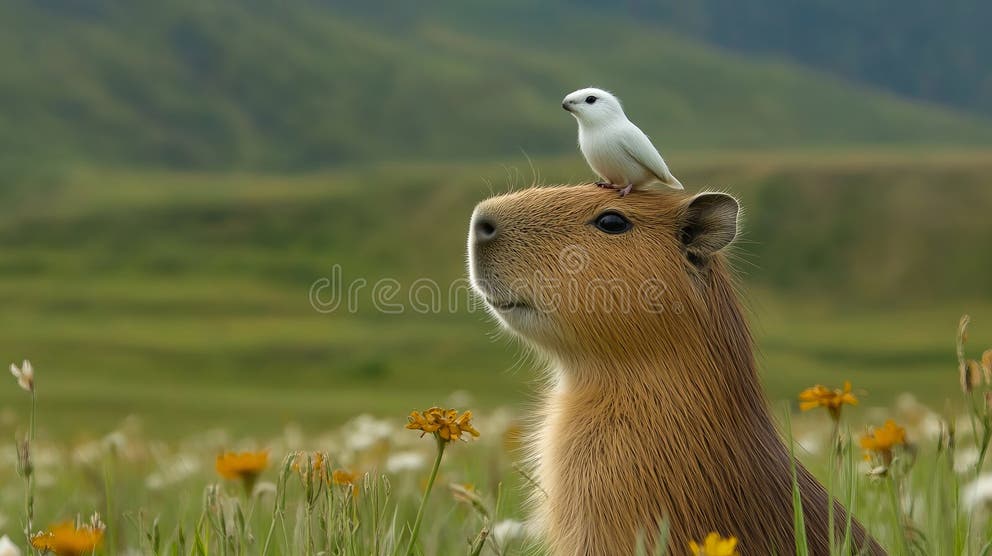A Capybara with a Bird Perched on Its Head Stock Photo - Image of grass ...