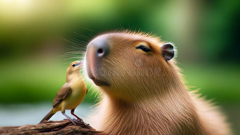 Capybara with a Bird Playfully Tugging at Its Fur Stock Illustration ...