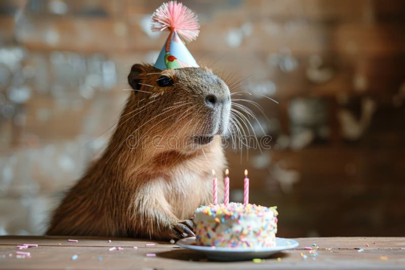 Capybara Birthday Hat with Cake with Candles Stock Image - Image of ...