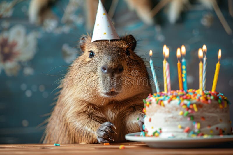 Capybara Birthday Hat with Cake with Candles Stock Image - Image of ...