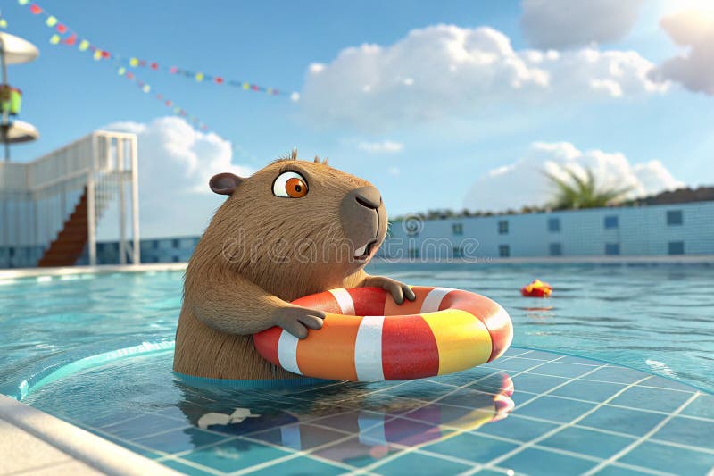 Capybara Cartoon Character Swimming in a Pool Using a Lifebuoy ...