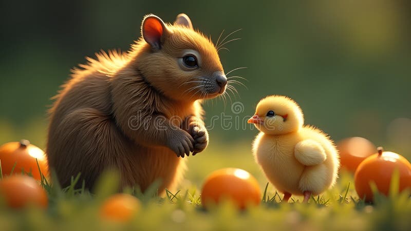 Capybara and Chicken in a Meadow with Oranges Stock Photo - Image of ...