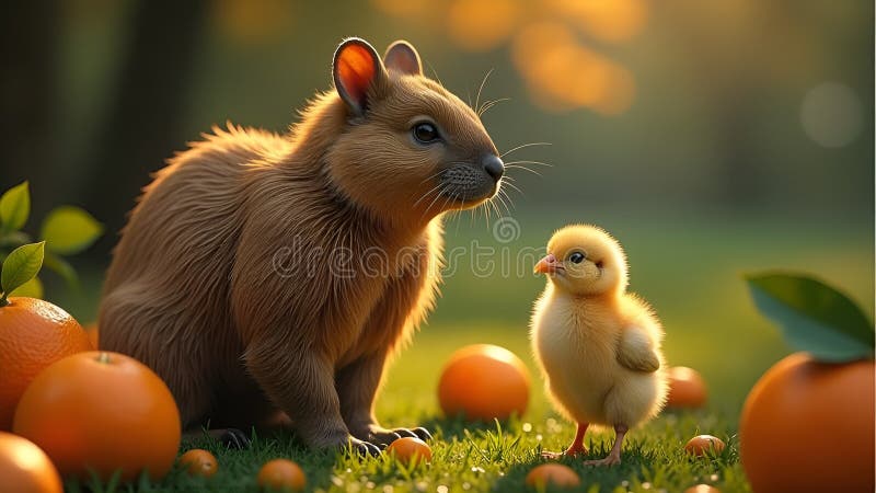 Capybara and Chicken in a Meadow with Oranges Stock Photo - Image of ...