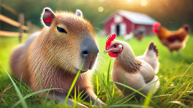 Capybara and a Chicken Playing in the Grass, Capturing the Lively Stock ...