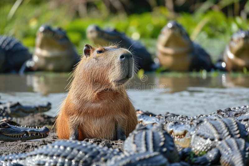 A Capybara among Crocodiles in the River.AI Generative Stock ...