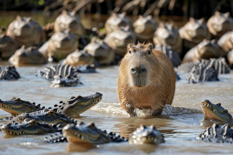 A Capybara among Crocodiles in the River.AI Generative Stock Image ...