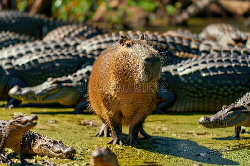 A Capybara among Crocodiles in the River.AI Generative Stock Photo ...