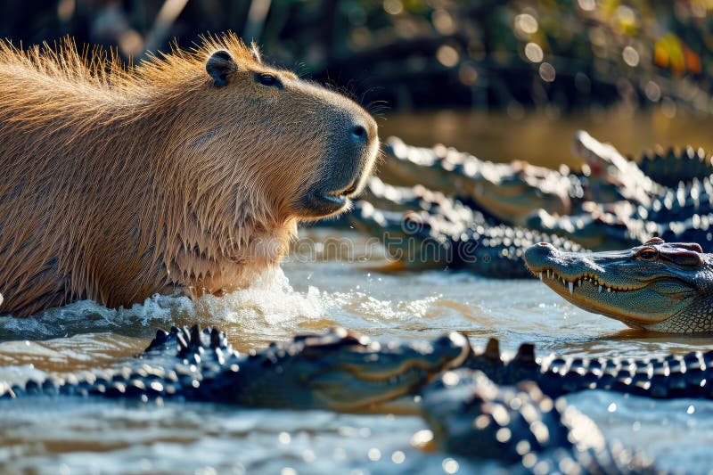A Capybara among Crocodiles in the River.AI Generative Stock Photo ...