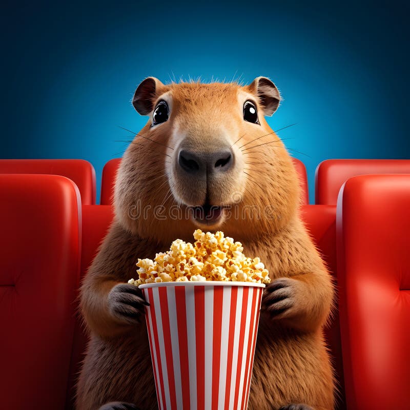 Capybara Eating Popcorn and Watching Movie in Cinema Stock Illustration ...