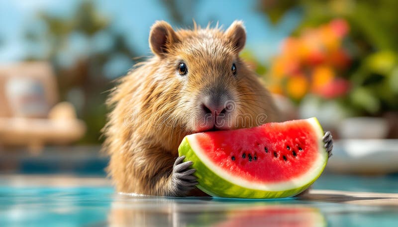 Capybara Eating Watermelon by a Pool in a Tropical SettingAI Generated ...