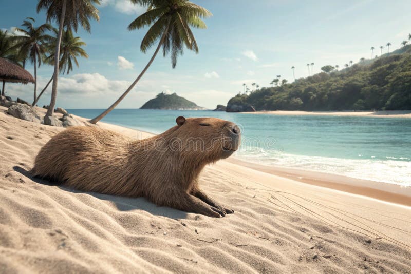 Capybara Enjoy on the Beach, 3d Render-generated by Ai Stock ...