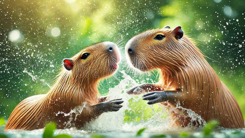 Capybara Enjoying a Playful Water Fight with Another Stock Illustration ...