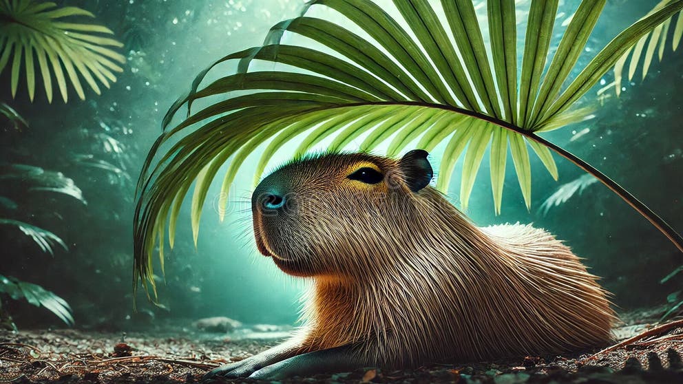 Capybara Enjoying the Shade Under a Large Palm Leaf Stock Illustration ...