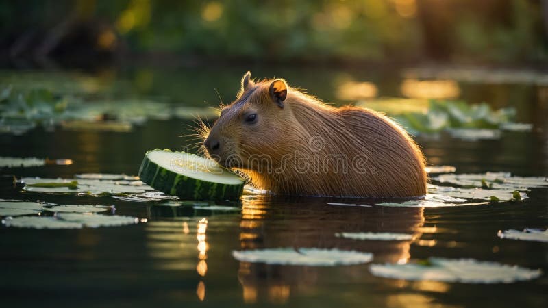 Adorable Capybara Enjoying a Refreshing Cucumber in a Pond at Sunset ...