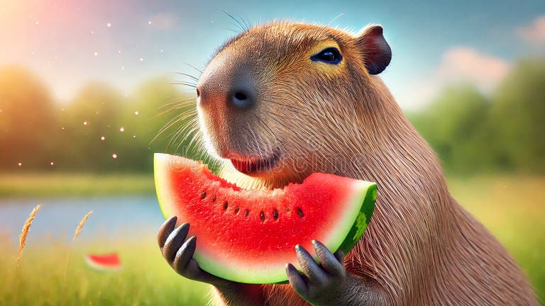 Capybara Enjoying a Slice of Watermelon Stock Illustration ...