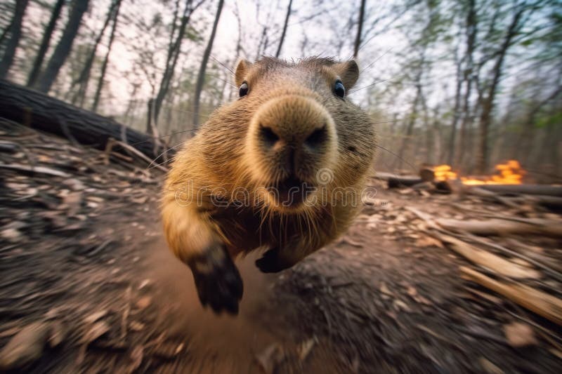Capybara Escaping Forest Fire: Wide-Angle Shot with Great Detail Stock ...