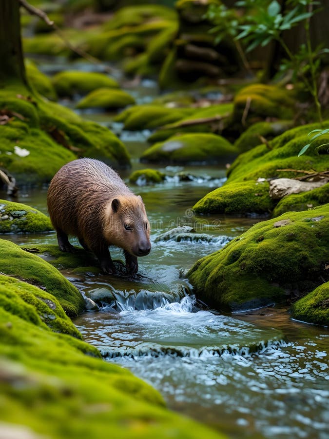 Capybara Exploring a Freshwater Stream Flowing through a Moss Covered ...