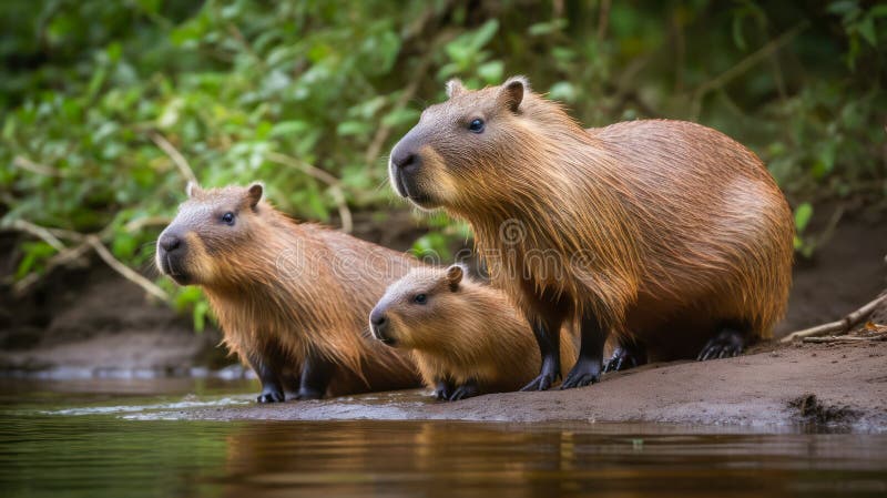 Capybara Family in Natural Habitat. Generated AI Stock Illustration ...