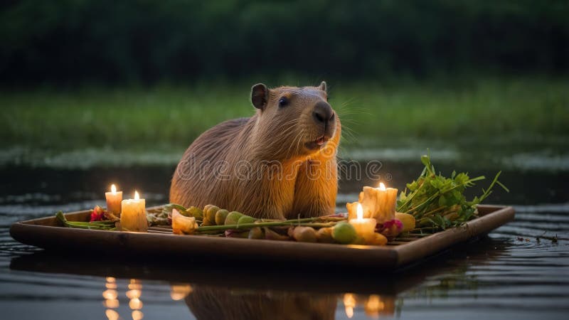 Capybara Relaxing on a Tranquil Floating Tray with Candles at Dusk ...