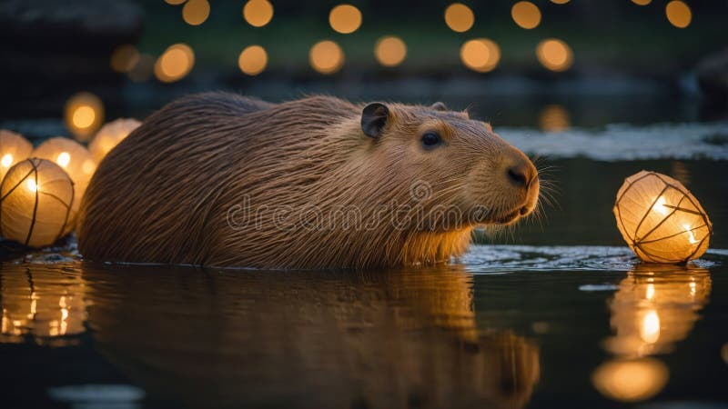 Capybara in Water with Floating Lanterns at Night Stock Illustration ...