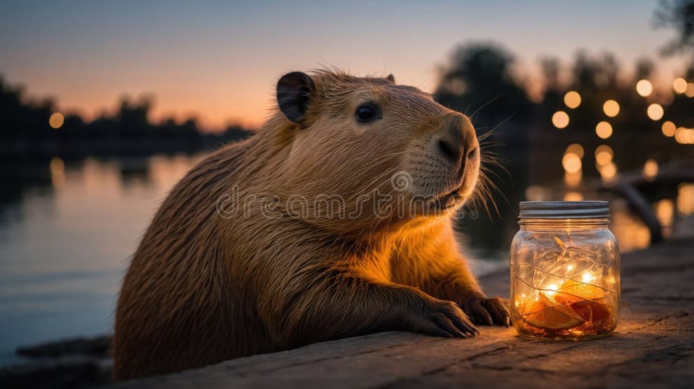 Capybara at Sunset with Glowing Jar, Peaceful Evening Scene Stock ...