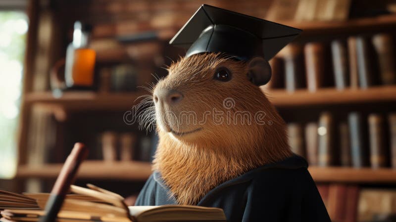 Capybara in Graduation Cap and Gown Reading Books in Library Stock ...