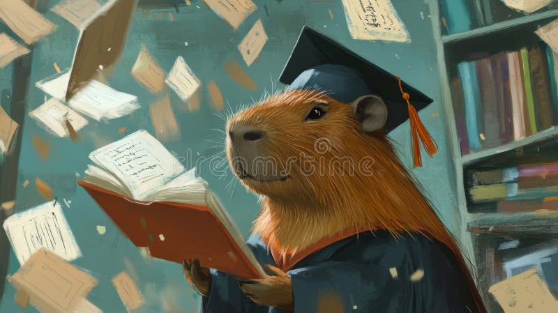 A Capybara in Graduation Gown Reading a Book Amidst Flying Papers Stock ...