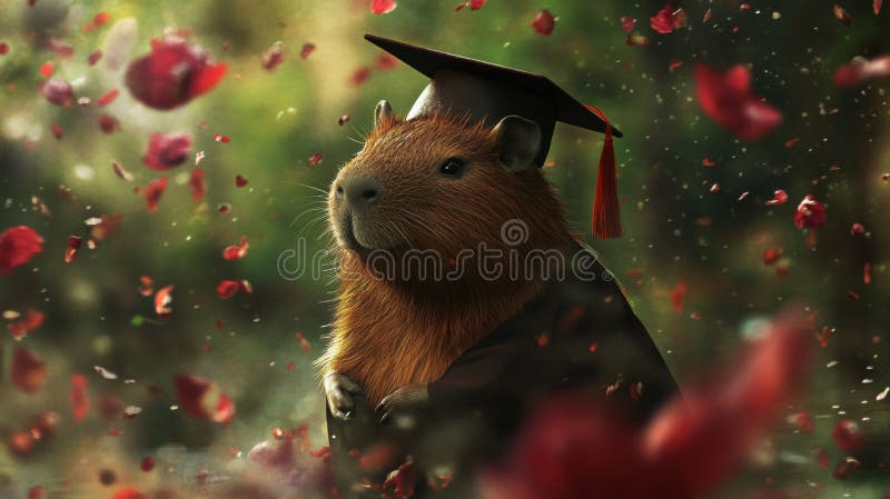 Capybara Graduation: Red Petals Falling on a Brown Rodent in Cap and ...