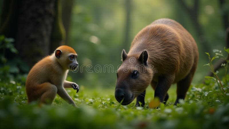 A Capybara Grazing Peacefully while a Curious Monkey Stock Illustration ...