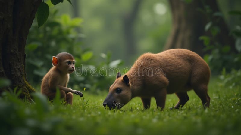 A Capybara Grazing Peacefully while a Curious Monkey Stock Illustration ...